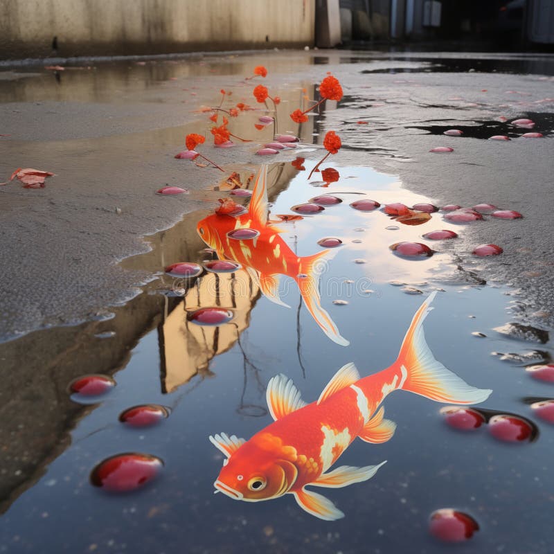 Gold Fish and Bubbles on a Puddle Stock Illustration - Illustration of ...