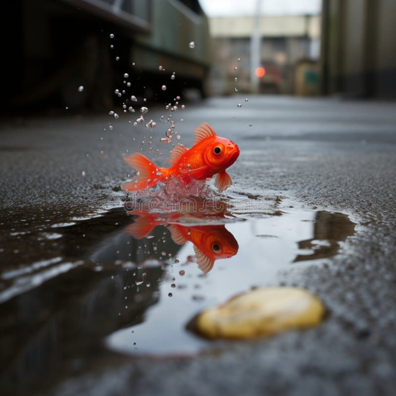Gold Fish and Bubbles on a Puddle Stock Illustration - Illustration of ...
