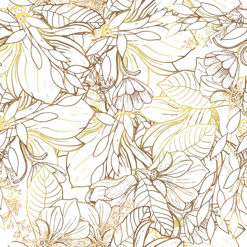 Gold Flowers Pattern. Seamless Pattern with Golden Magnolia Flowers ...