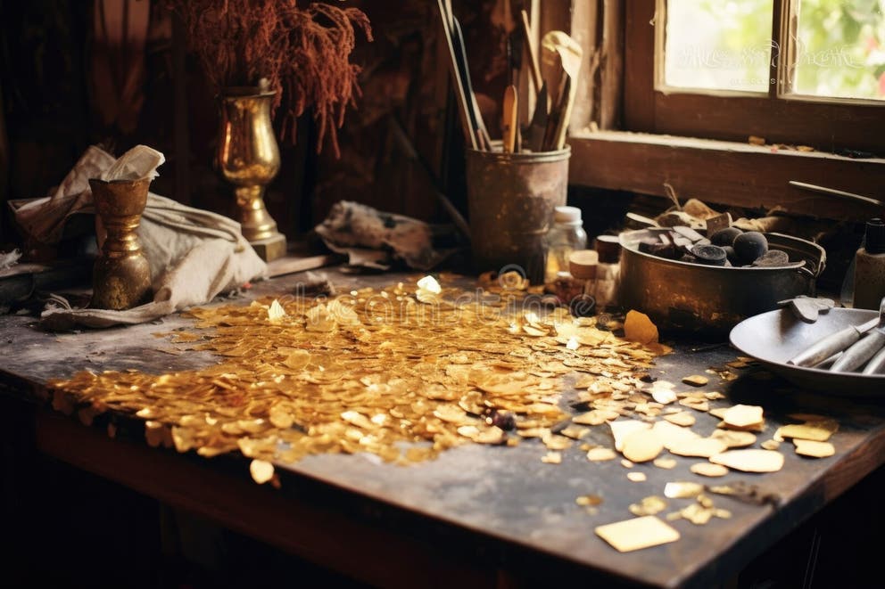 Gold Foil Scraps and Remnants on a Workshop Table Stock Illustration ...