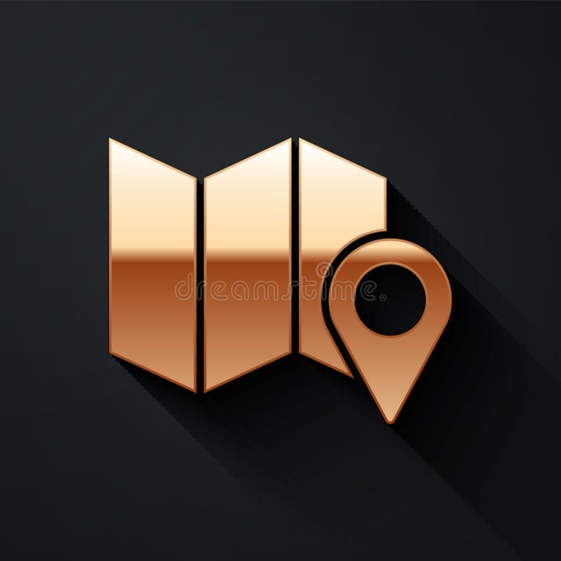 Gold Folded Map with Location Marker Icon Isolated on Black Background ...