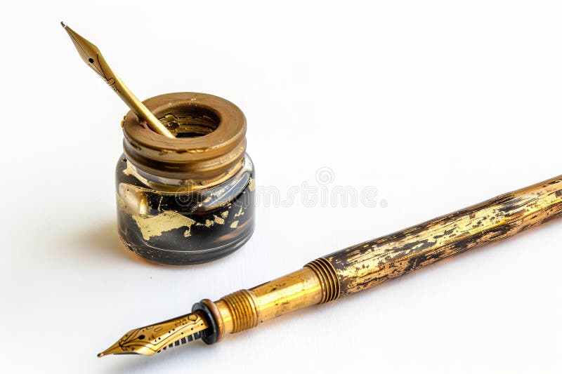 A Gold Fountain Pen and Ink Bottle Stock Image - Image of bottle ...