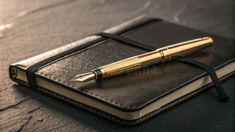 Gold Fountain Pen and Leather Journal Still Life Composition Stock ...