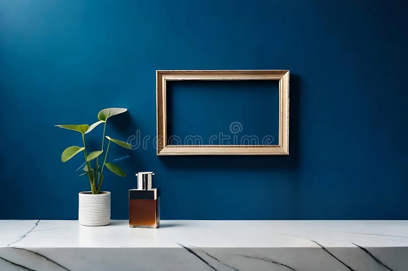 Gold Frame on a Blue Wall and Perfume on a White Ceramic Table ...
