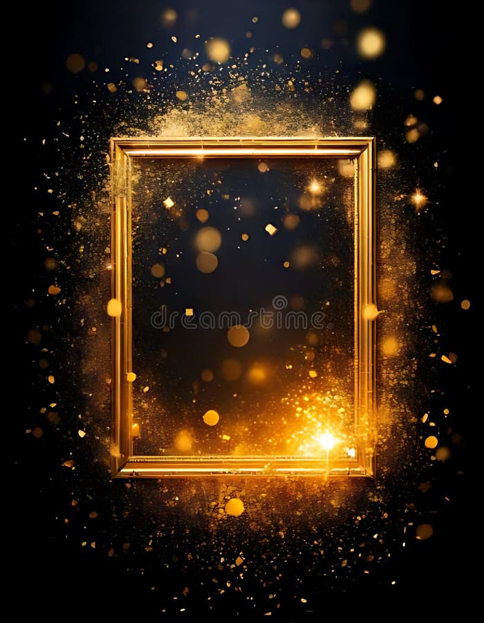 Gold Frame with Explosive Gold Particles, on a Dark Background with ...