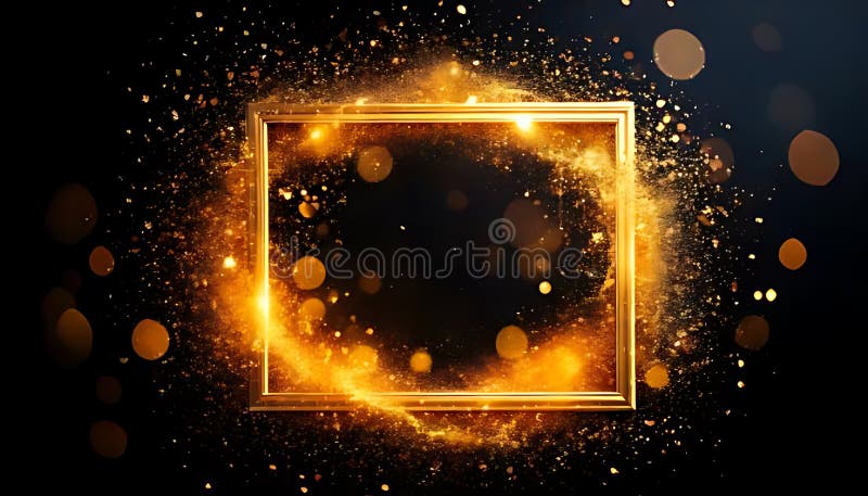 Gold Frame with Explosive Gold Particles, on a Dark Background with ...