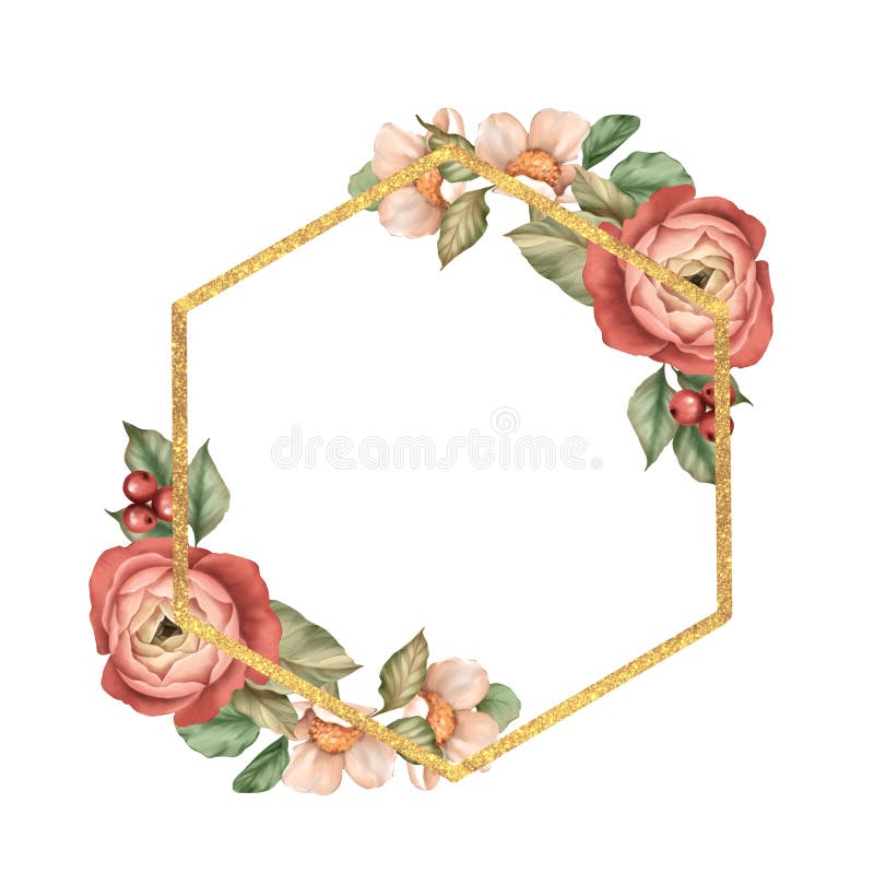 Gold Frame with Flowers and Leaves Stock Illustration - Illustration of ...