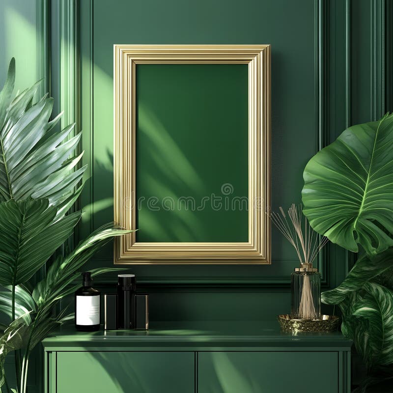 Gold Frame on a Green Wall with Plants Stock Illustration ...