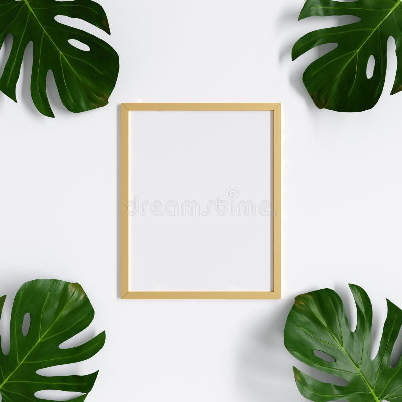 Gold Frame Mockup with Monstera Leaves Stock Illustration ...