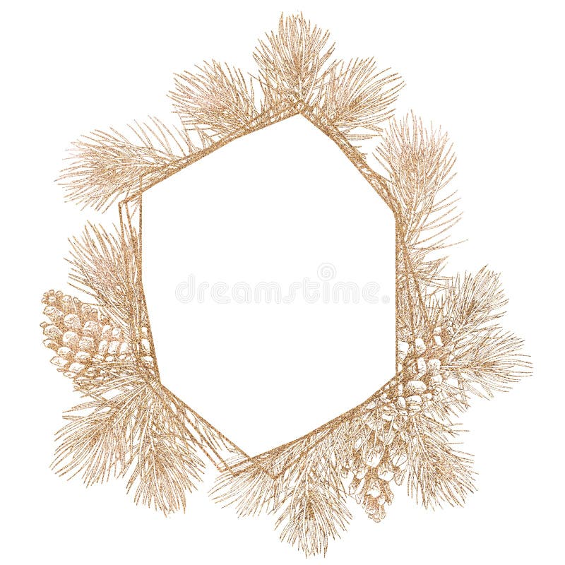Gold Frame with Pine Branches and Cones. Hand Drawn Graphic ...