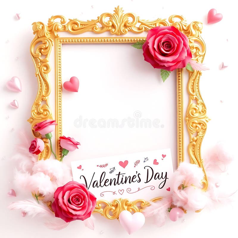 Gold Frame with Pink Roses and Feathers Stock Illustration ...
