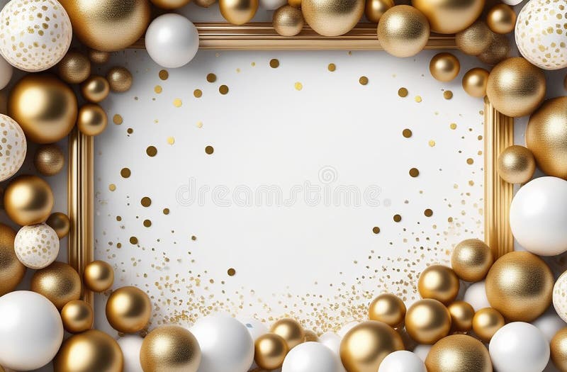 Gold Frame with White and Gold Balls of Different Sizes with Copy Space ...