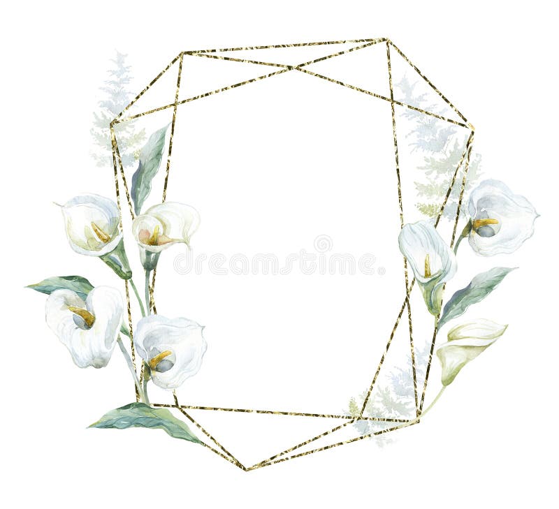 Gold Frame with White Calla Flowers. Watercolor Stock Illustration ...