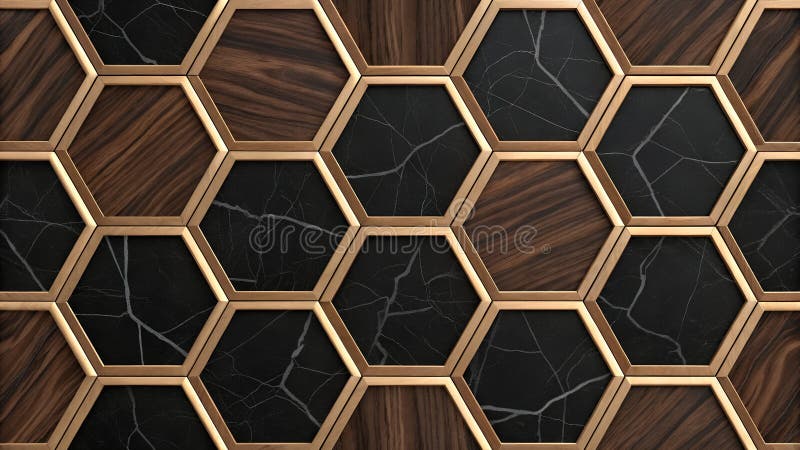 Gold Framed Hexagon Pattern Dark Marble Brown Wood Texture Background ...