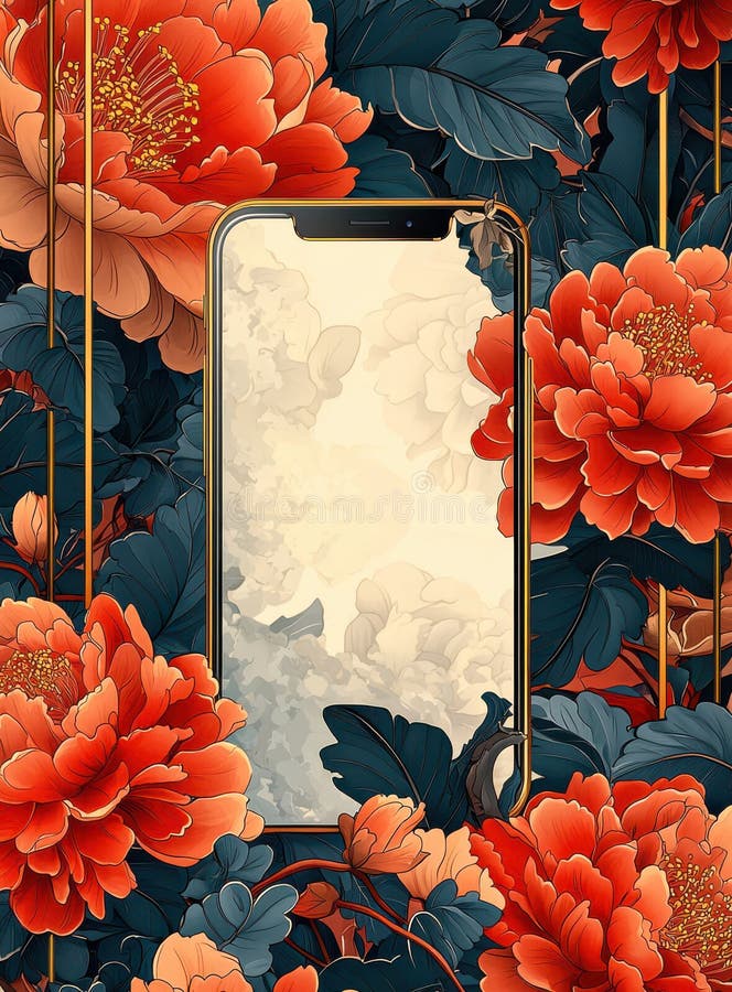 Gold Framed IPhone with Blank White Screen Surrounded by Vibrant Red ...