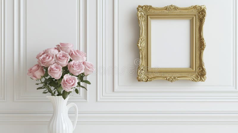 In Gold Frames on White Tables, Pink Roses Surround an Ornate Gold ...