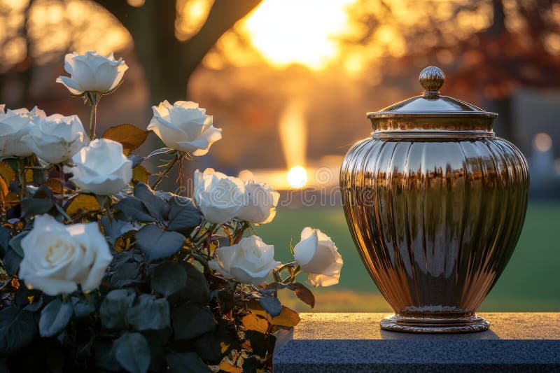 A Gold Funeral Urn is Situated with a White Rose Bouquet in Soft ...
