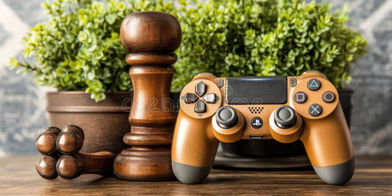 Gold Game Controller Rests on Table with Chess Piece and Plant. Gaming ...