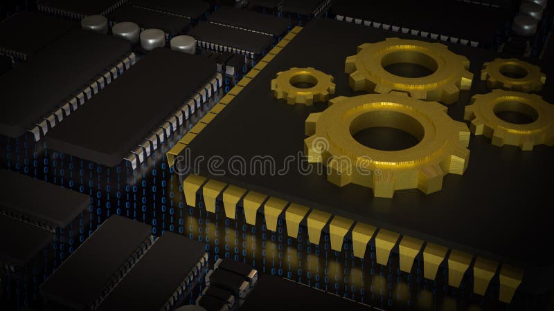 The Gold Gear on Chip for Technology or it Concept 3d Rendering Stock ...