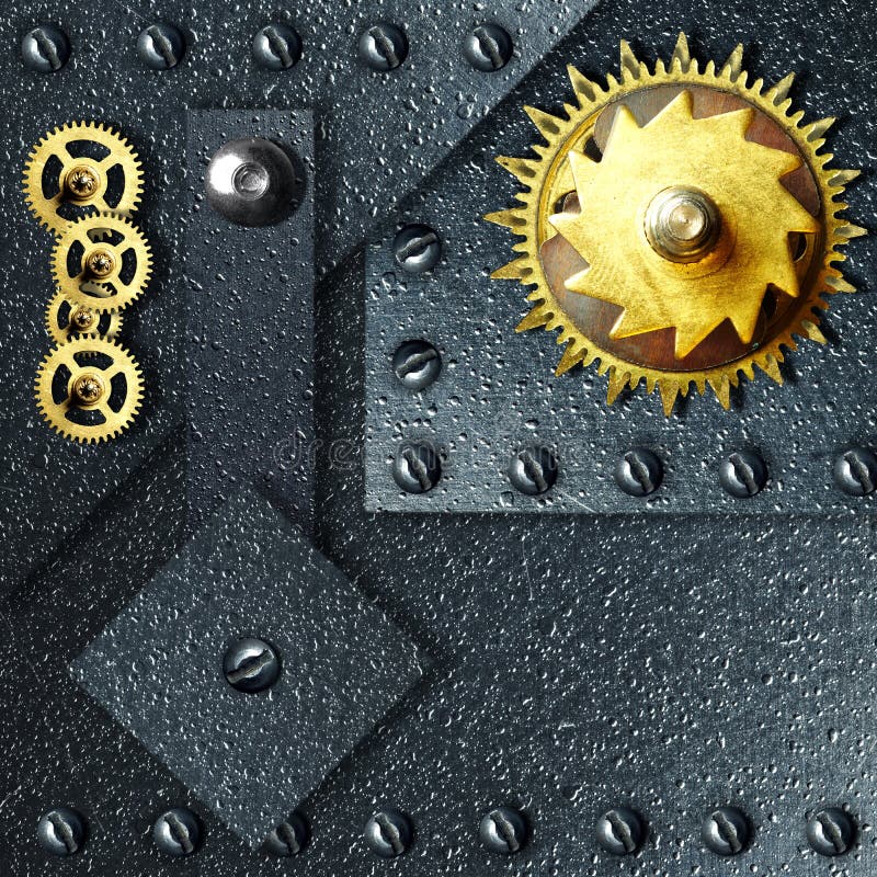 Gold Gears Against Ferrous Metal Stock Image - Image of design, symbol ...