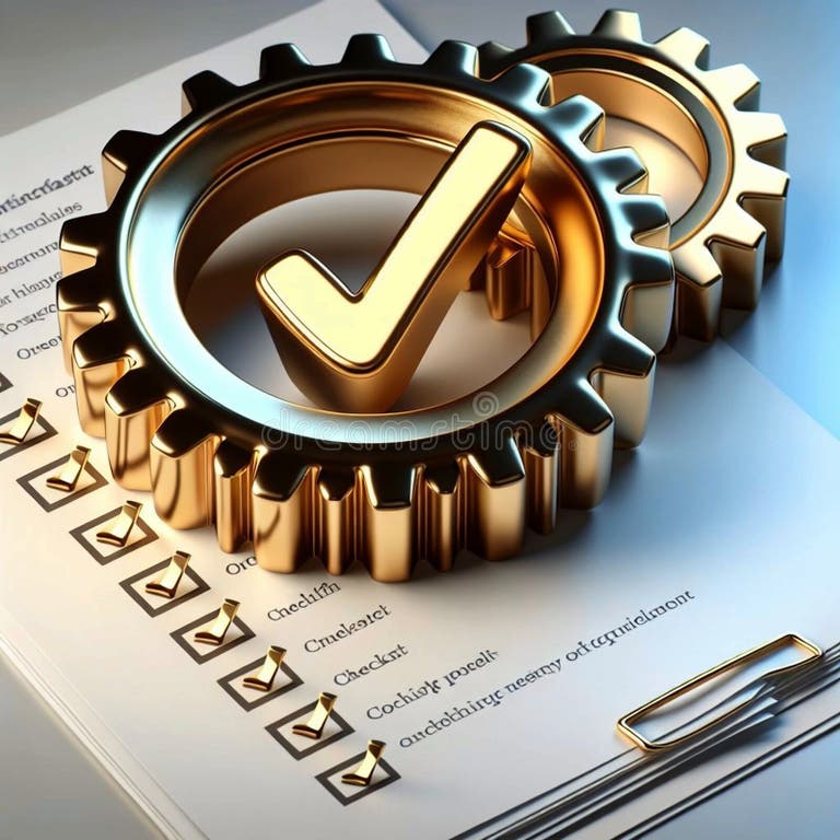 Gold Gears and a Check Mark on a Checklist, Representing Process ...