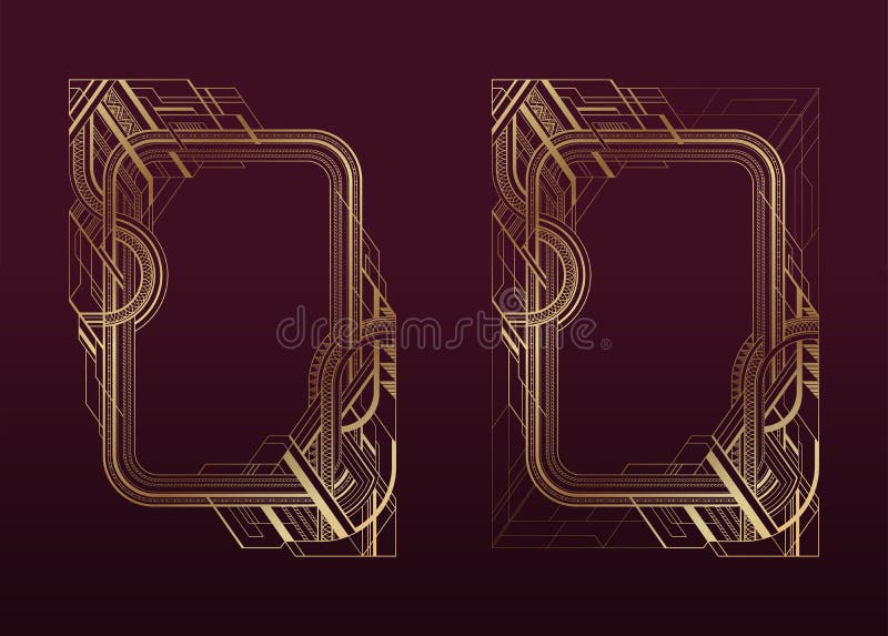 Gold Art Deco Frames Set on Dark Burgundy Background Stock Vector ...