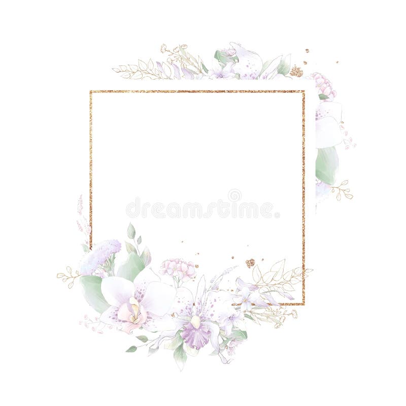Gold Geometric Frame with Orchids. Watercolor Illustration Stock ...