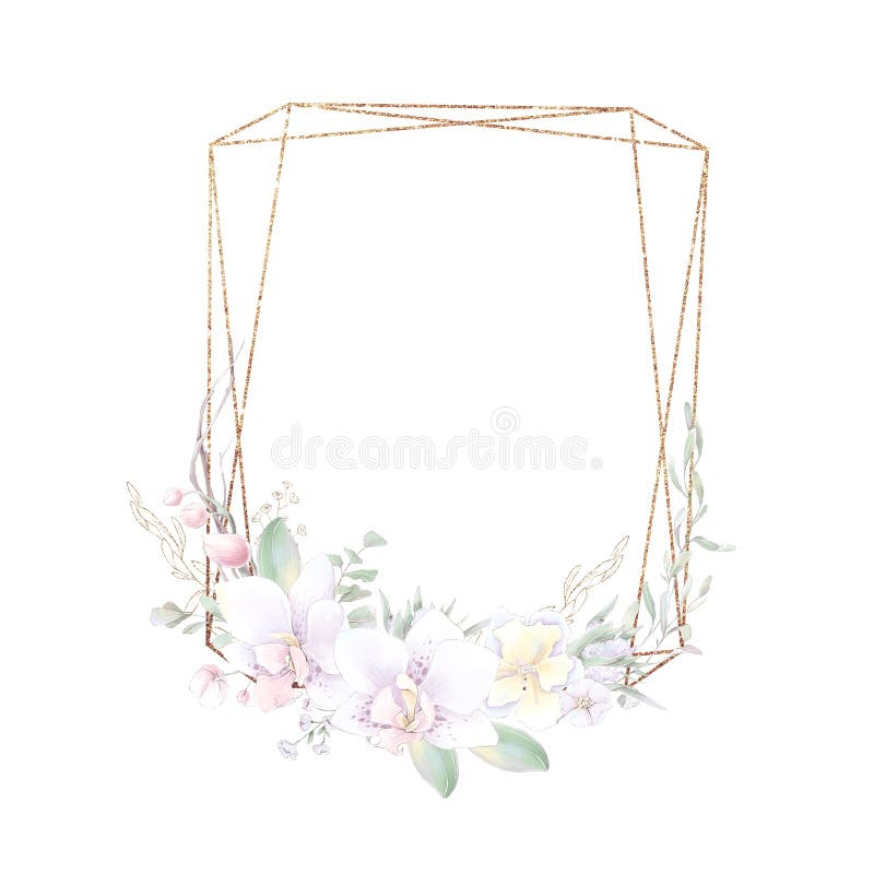 Gold Geometric Frame with Orchids. Watercolor Illustration Stock ...