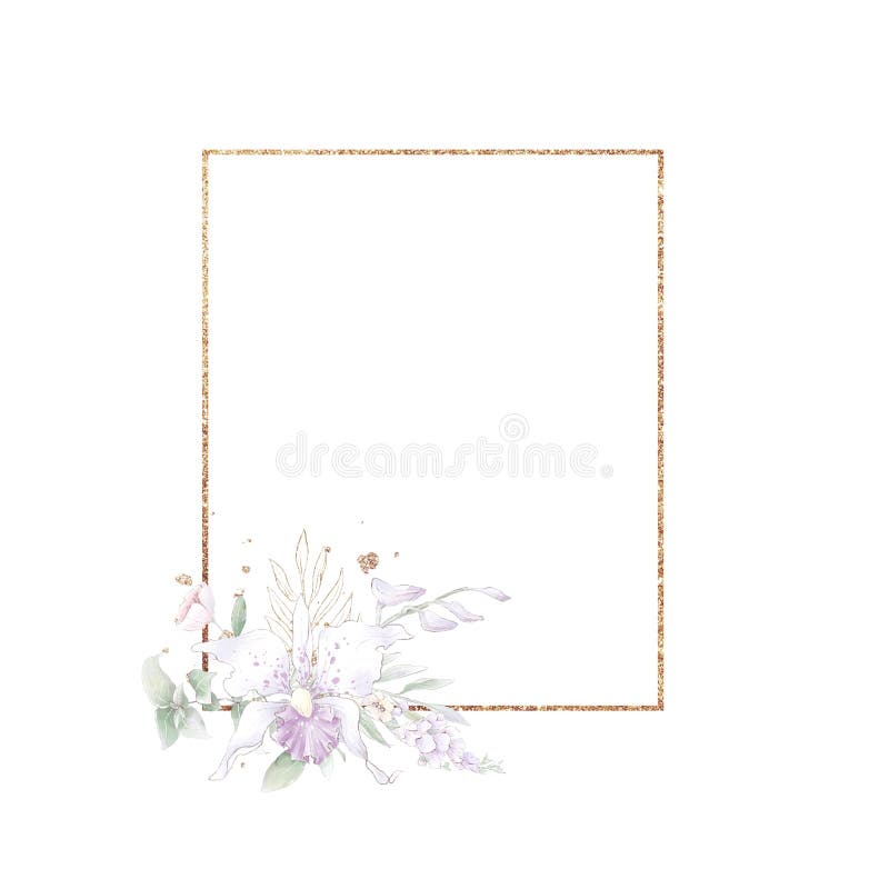 Gold Geometric Frame with Orchids. Watercolor Illustration Stock ...