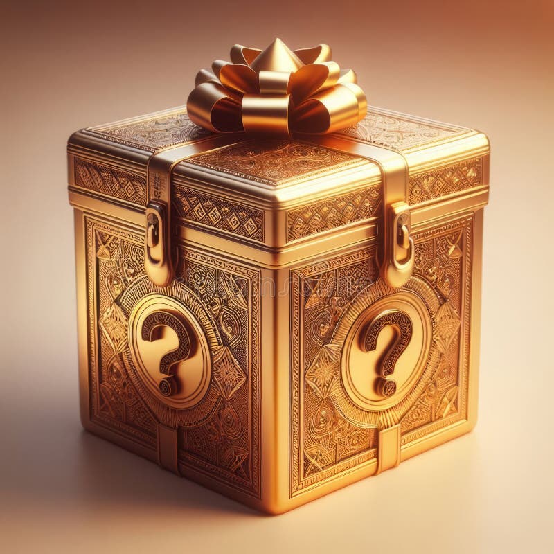 Gold Gift Box with a Bow and Question Mark. 3d Rendering. Giveaway ...