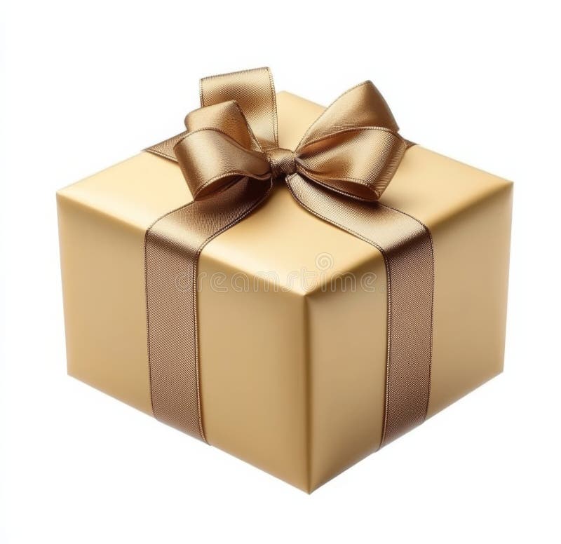 Gold Gift Box with Brown Ribbon, Isolated on White Background, Gift ...