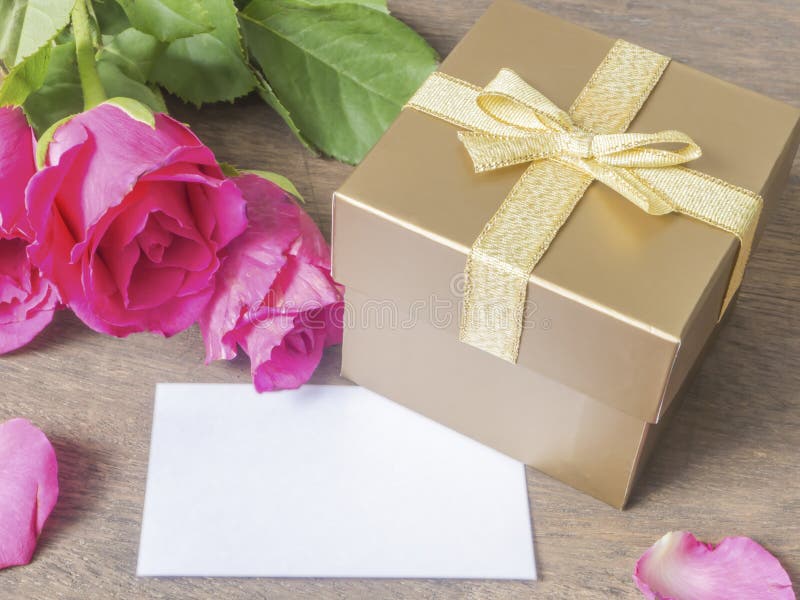 Gold Gift Box with Card and Rose Stock Image - Image of valentine ...