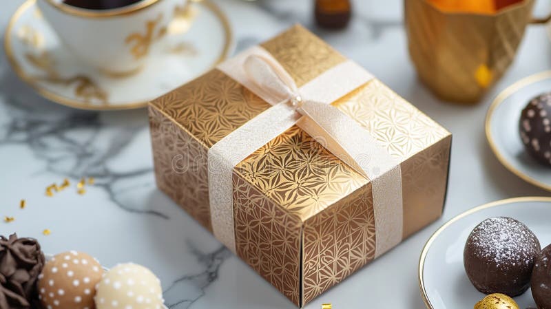 Gold Gift Box with Chocolates and Tea Stock Photo - Image of gratitude ...