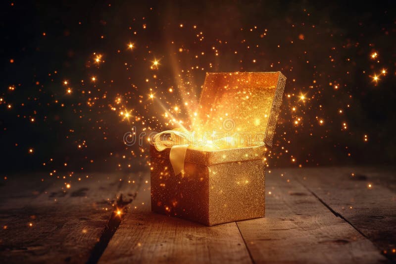A Gold Gift Box Emits a Mesmerizing and Radiant Glow, Open Gift Box ...
