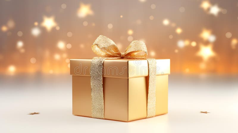 Gold Gift Box in Front of a Light Background with Copy Space. Festive ...