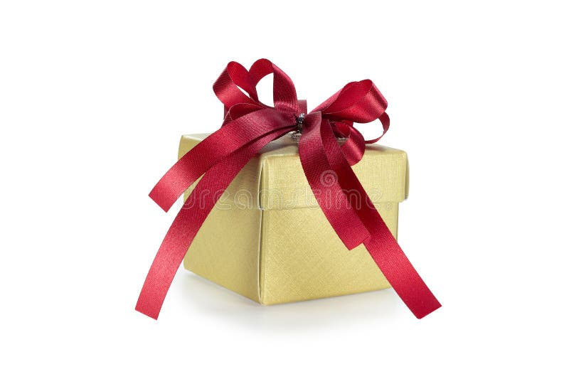Gold Gift Box with Red Ribbon. New Year Gift. Christmas Present. Stock ...
