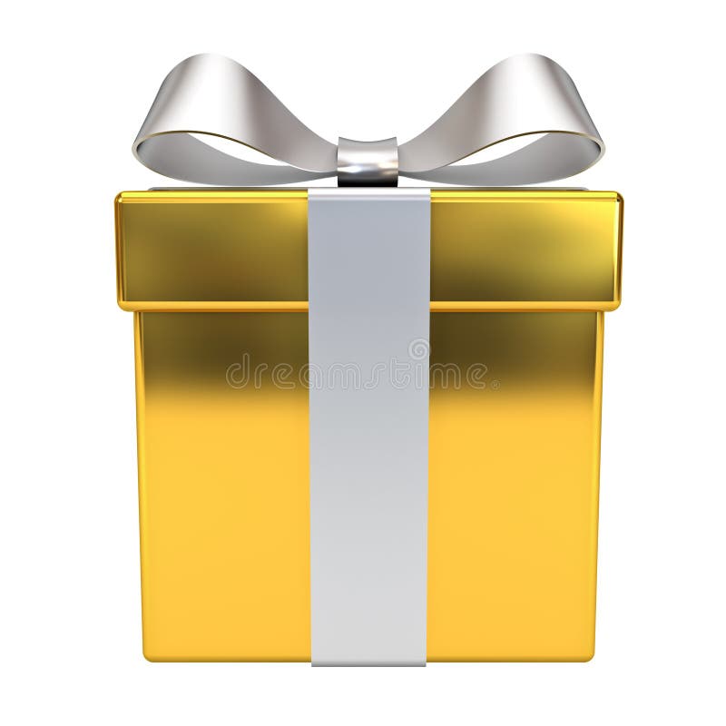 Gift Box with Silver Blue Ribbon Bow and Blank Tag Over White Wall ...