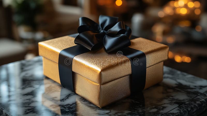 Gold Gift Box Tied with Black Ribbon and a Bow Stock Photo - Image of ...