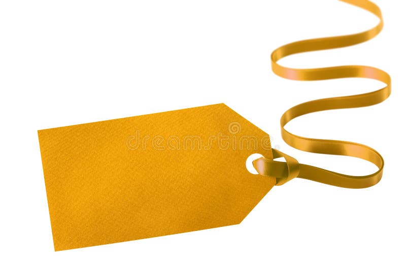 Gold Gift Tag Tied with Curly Ribbon Isolated on White Stock Photo ...