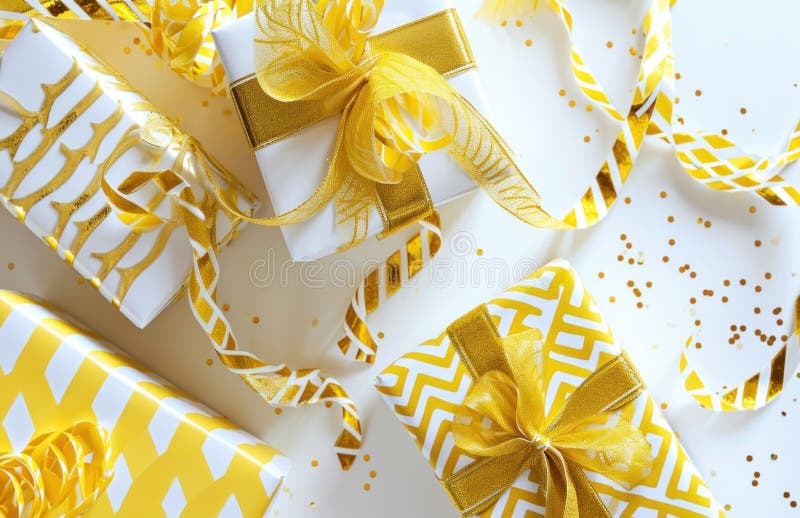 Gold Gift Wrapping, Ribbon and Gift Boxes Stock Photo - Image of ...
