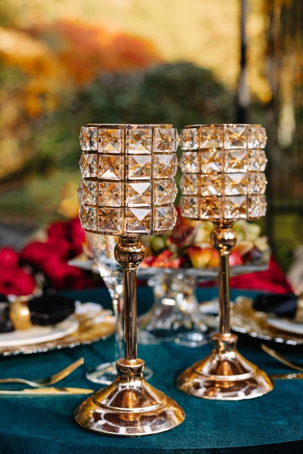 Gold Glasses with Crystals. Table Setting for an Engagement Stock Image ...