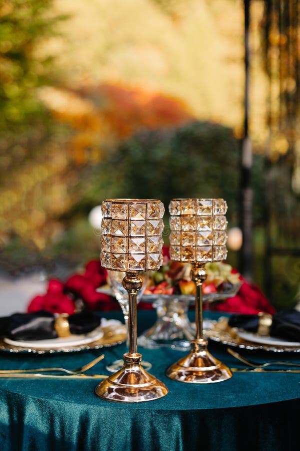 Gold Glasses with Crystals. Table Setting for an Engagement Stock Image ...