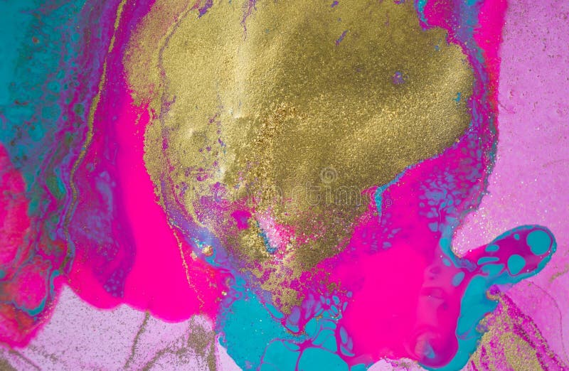 Gold Glitter on Blue and Pink Liquid Ink Background. Abstract Bright ...