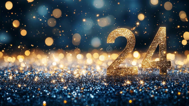Gold Glitter Number Twenty Four on Blue Sparkle Background Stock ...