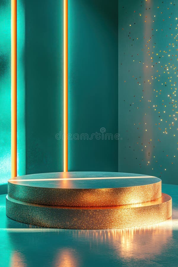 Gold Glitter Podium Teal Backdrop Neon Lights Stock Illustration ...
