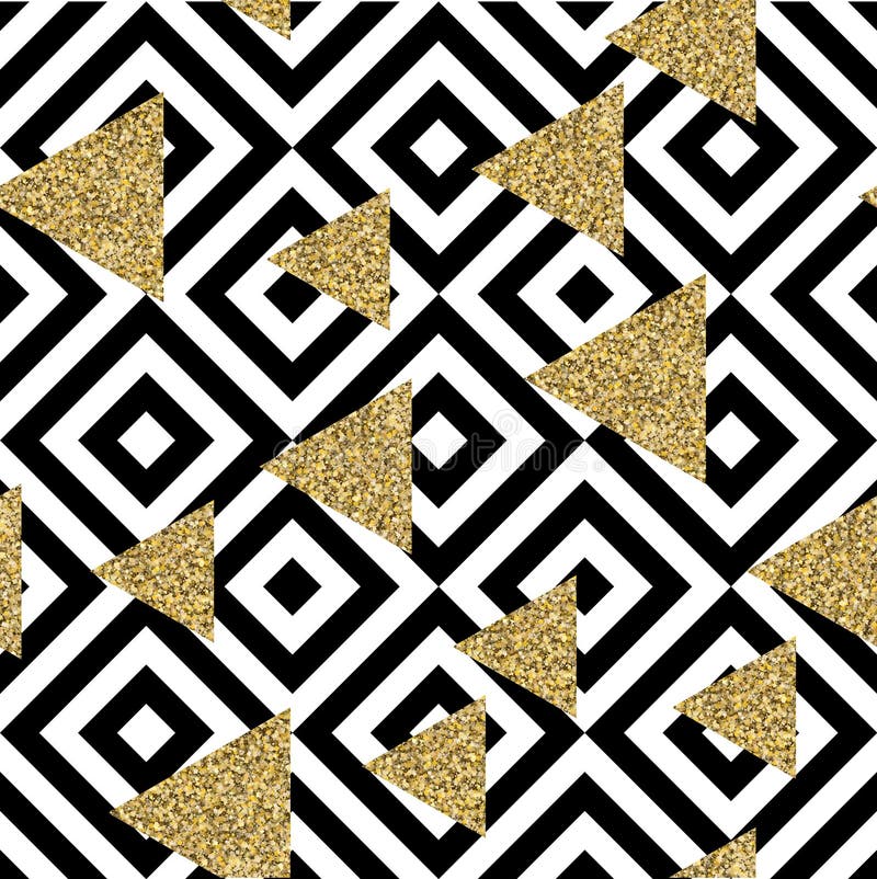 Gold Glitter Triangle Confetti on Geometric Seamless Pattern. Stock ...