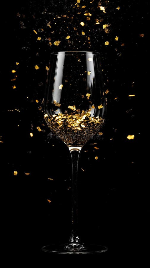 Gold Glittering Confetti Exploding from Champagne Glass on Black ...