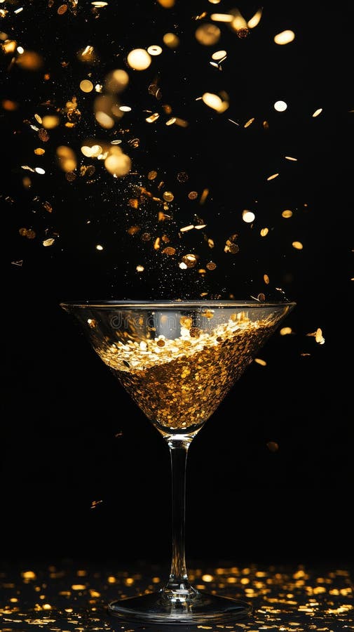 Gold Glittering Confetti Exploding from Champagne Glass on Black ...