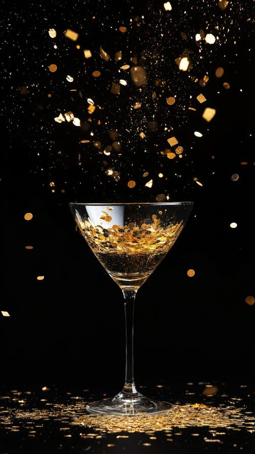 Gold Glittering Confetti Exploding from Champagne Glass on Black ...