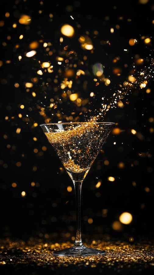 Gold Glittering Confetti Exploding from Champagne Glass on Black ...